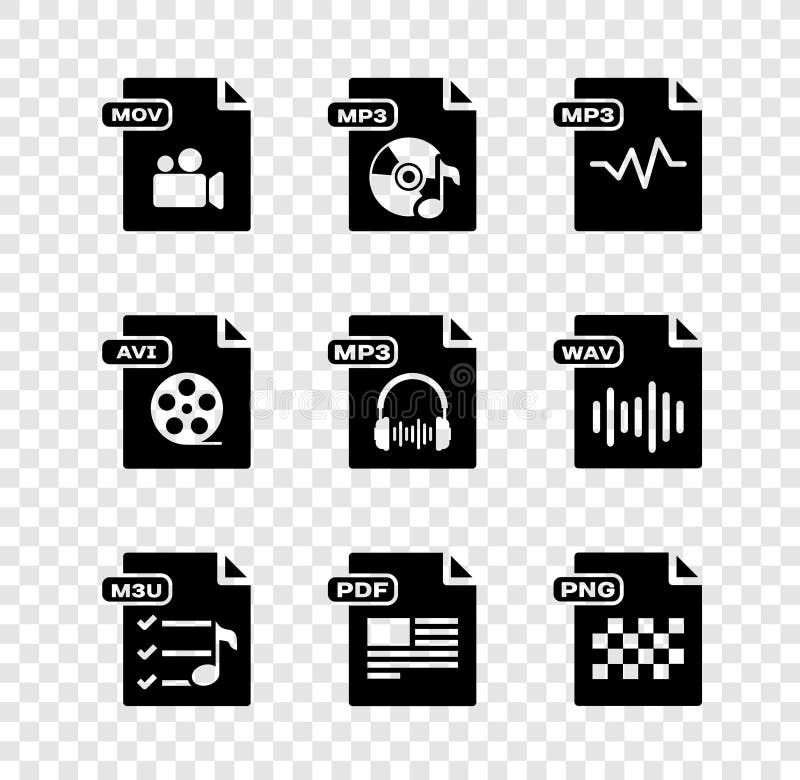 Set MOV File Document, MP3, M3U, PDF, PNG, AVI and Icon. Vector Stock ...