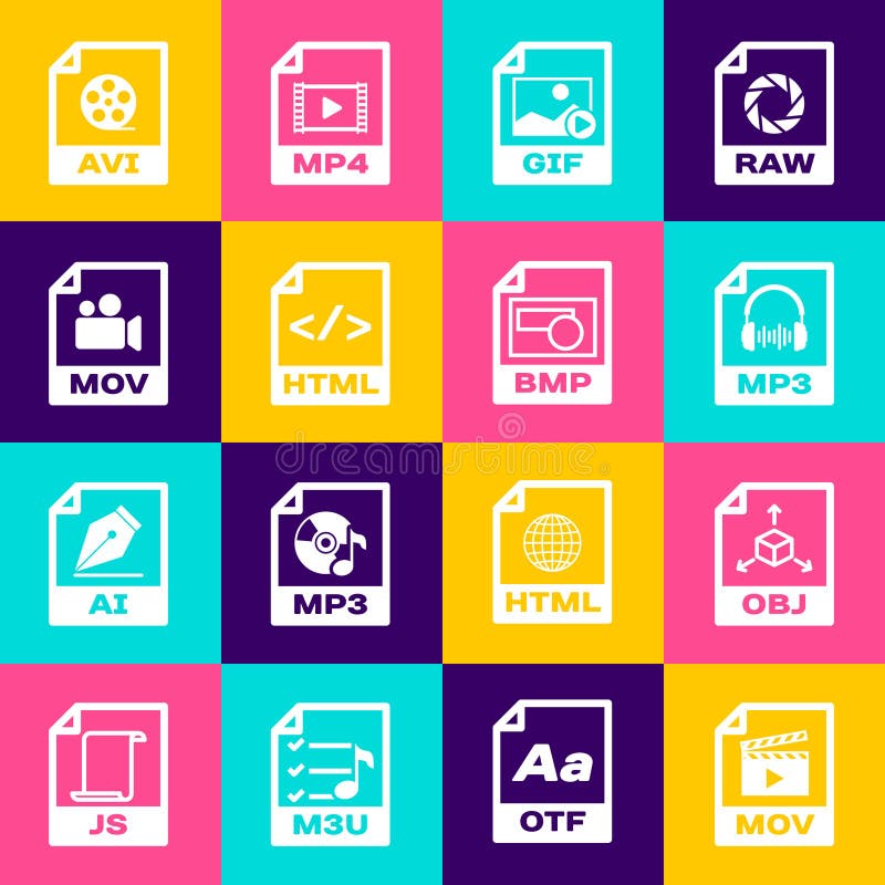 Set MOV File Document, OBJ, MP3, GIF, HTML and Icon. Vector Stock ... Set MOV File Document, OBJ, MP3, GIF, HTML and Icon. Vector Stock ...