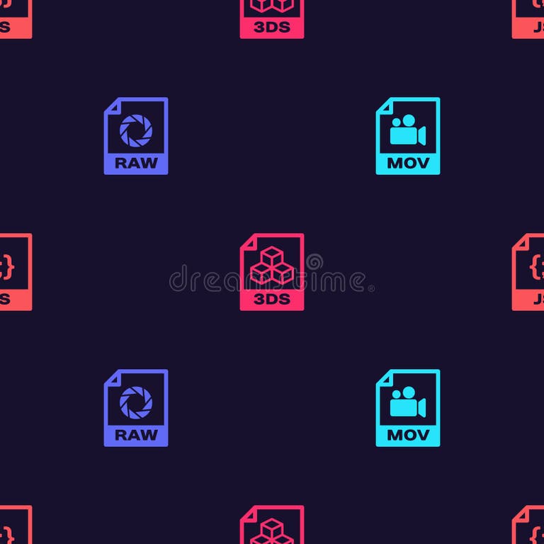 Set MOV File Document, RAW, 3DS and JS on Seamless Pattern. Vector ...