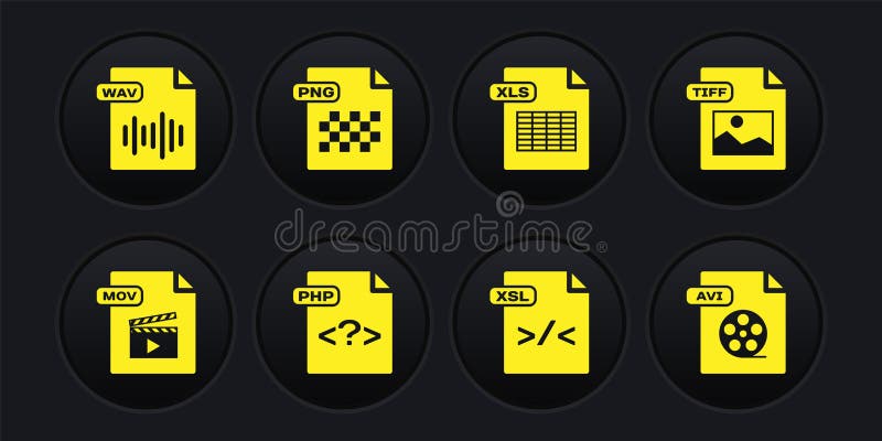 Set MOV File Document, TIFF, PHP, XSL, XLS, PNG, AVI and WAV Icon ... Set MOV File Document, TIFF, PHP, XSL, XLS, PNG, AVI and WAV Icon ...