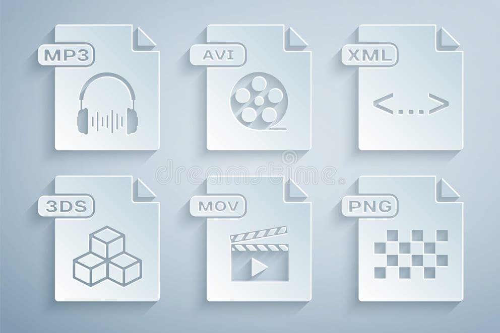 Set MOV File Document, XML, 3DS, PNG, AVI and MP3 Icon. Vector Stock ...