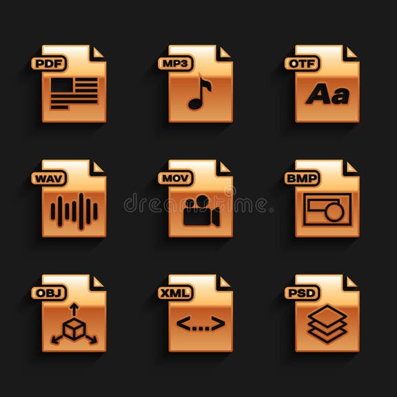 Set MOV File Document, XML, PSD, BMP, OBJ, WAV, OTF and PDF Icon ...