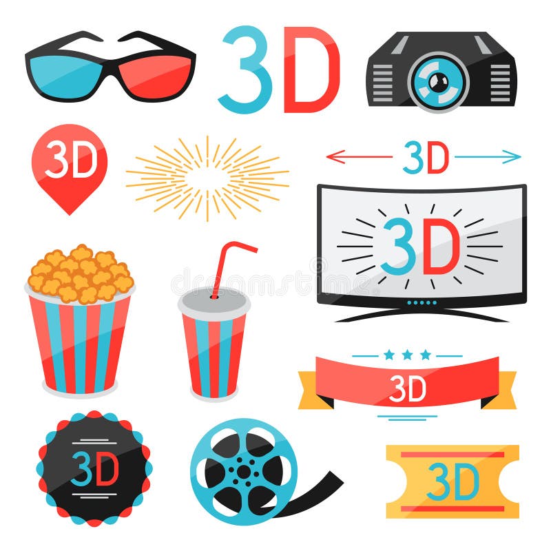 Set of 3d Movie Design Elements and Cinema Objects in Cartoon Style ...