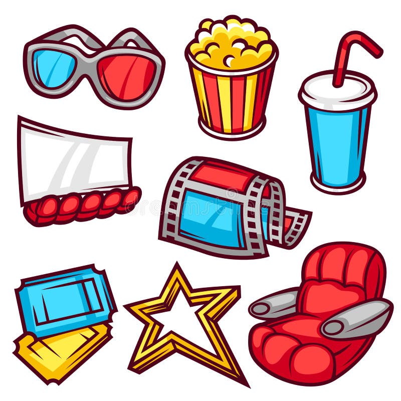 Set of 3d Movie Design Elements and Cinema Objects in Cartoon Style ...