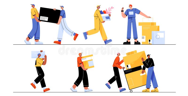 Set of Moving Service Workers Carrying Boxes Stock Illustration ...