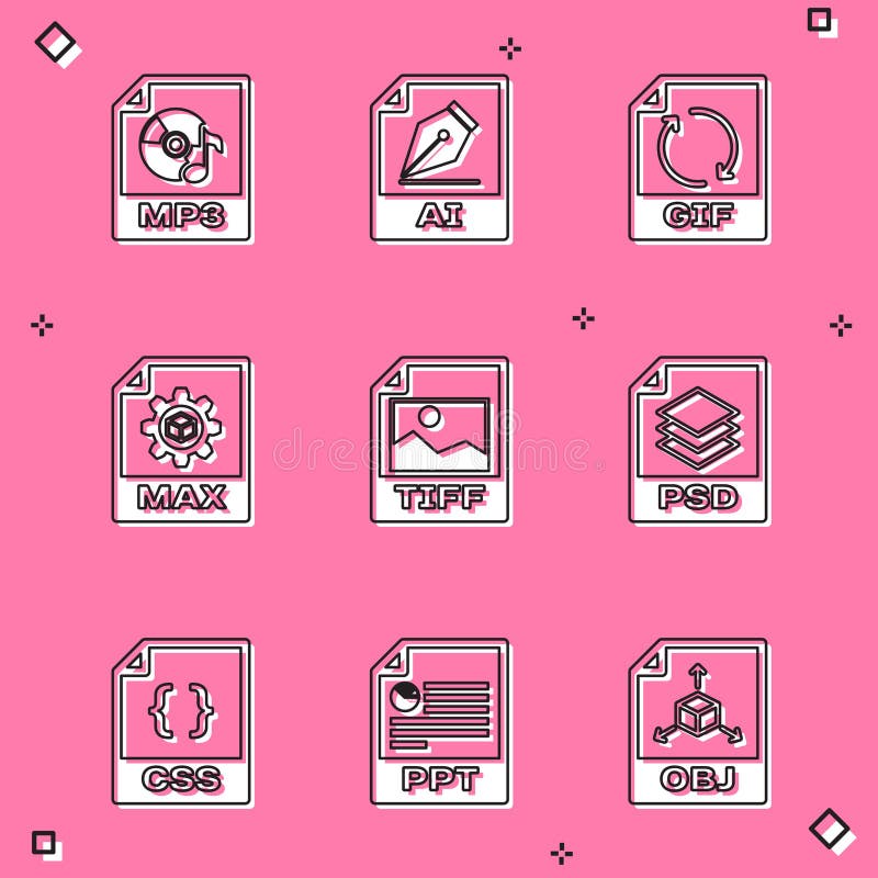 Set MP3 File Document, AI, GIF, MAX, TIFF and PSD Icon. Vector Stock ...