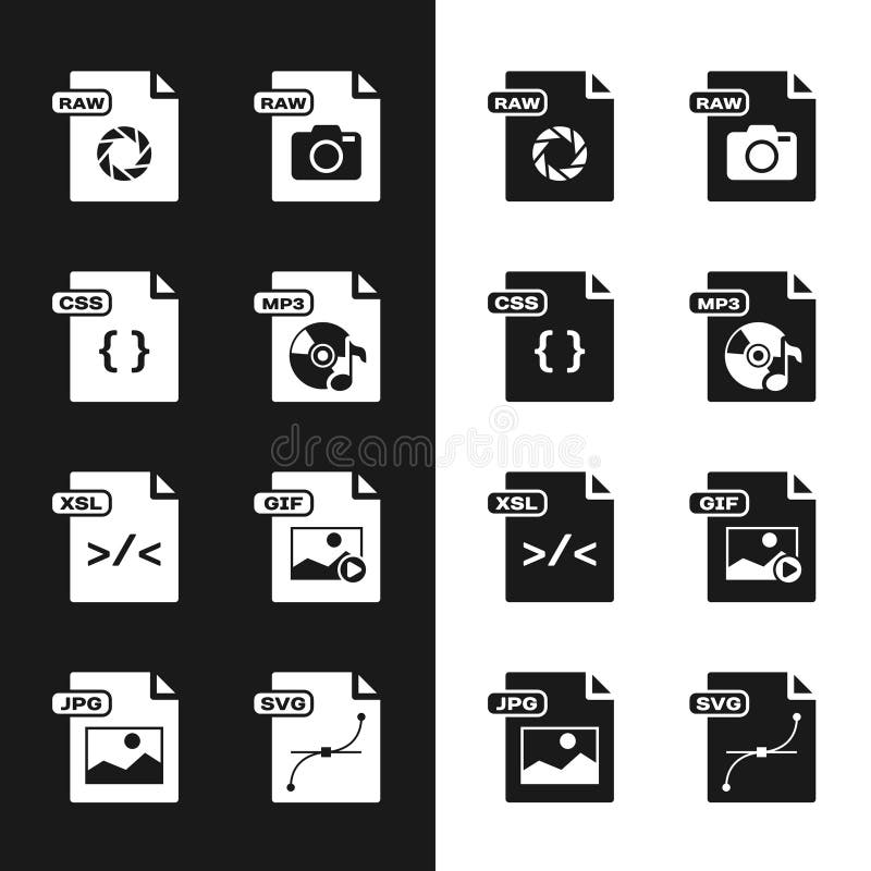 Set MP3 File Document, CSS, RAW, XSL, GIF, SVG and JPG Icon. Vector ... Set MP3 File Document, CSS, RAW, XSL, GIF, SVG and JPG Icon. Vector ...