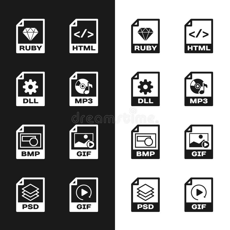 Set MP3 File Document, DLL, RUBY, HTML, BMP and GIF Icon. Vector Stock ... Set MP3 File Document, DLL, RUBY, HTML, BMP and GIF Icon. Vector Stock ...