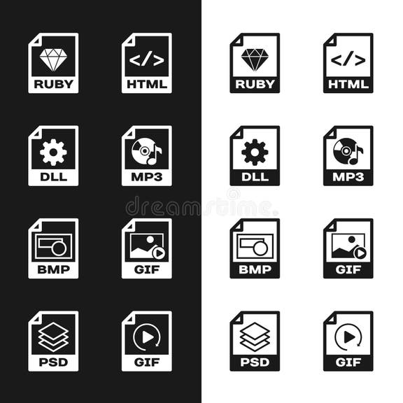 Set MP3 File Document, DLL, RUBY, HTML, BMP and GIF Icon. Vector Stock Vector - Illustration of ...