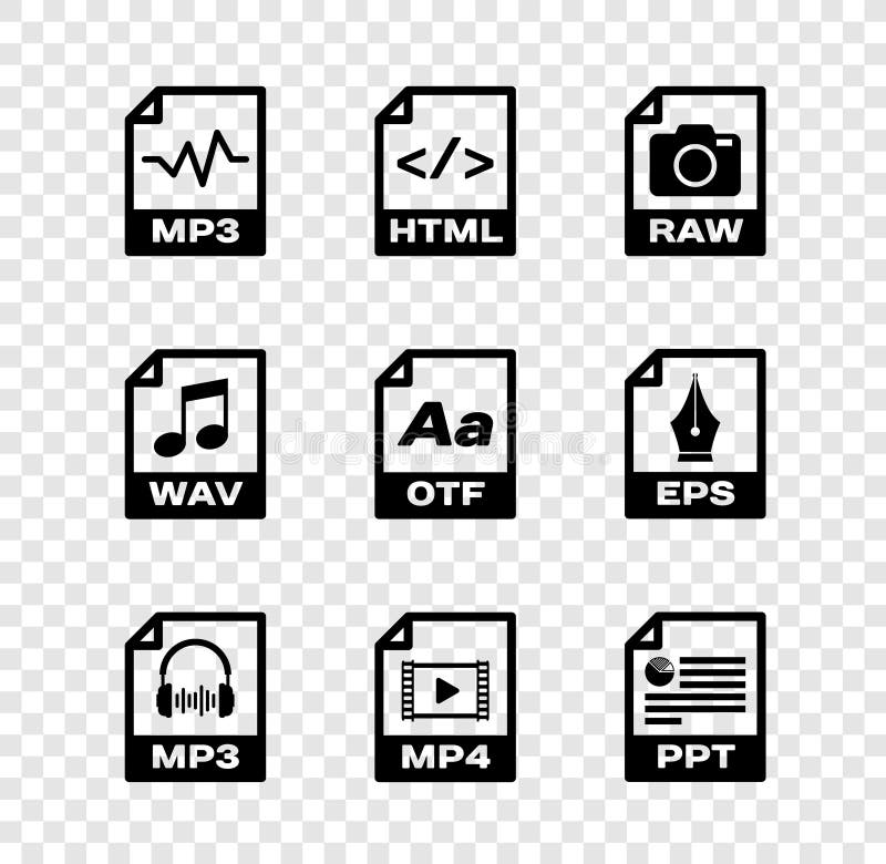 Set MP3 File Document, HTML, RAW, , MP4 and PPT Icon. Vector Stock ... Set MP3 File Document, HTML, RAW, , MP4 and PPT Icon. Vector Stock ...