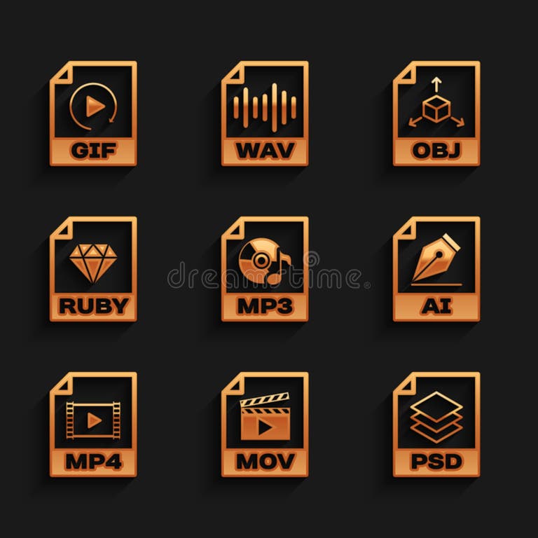 Set MP3 File Document, MOV, PSD, AI, MP4 and RUBY Icon. Vector Stock ...