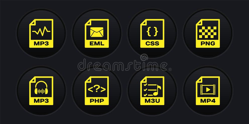 Set MP3 File Document, PNG, PHP, M3U, CSS and EML Icon. Vector Stock Vector - Illustration of ...