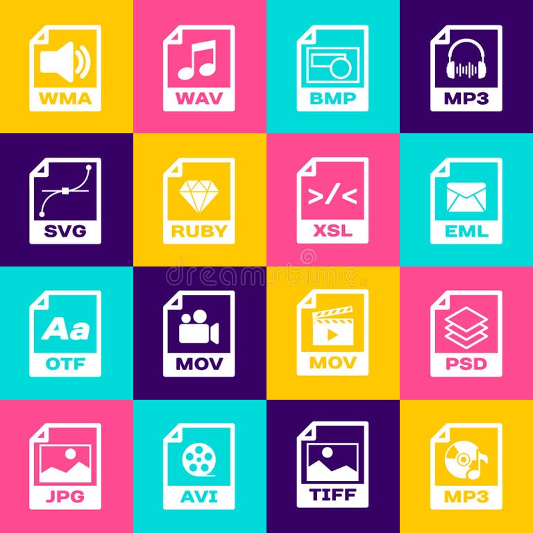 Set MP3 File Document, PSD, EML, BMP, RUBY and SVG Icon. Vector Stock ...