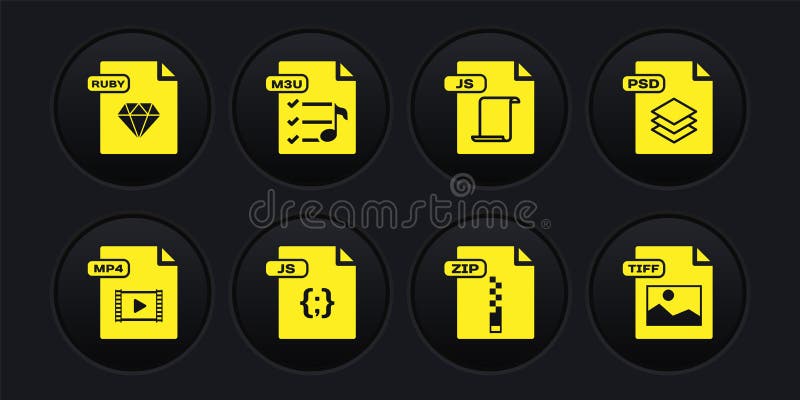Set MP4 File Document, PSD, JS, ZIP, M3U, TIFF and RUBY Icon. Vector ... Set MP4 File Document, PSD, JS, ZIP, M3U, TIFF and RUBY Icon. Vector ...