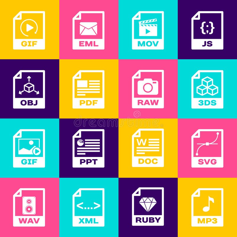 Set MP3 File Document, SVG, 3DS, MOV, PDF and OBJ Icon. Vector Stock ... Set MP3 File Document, SVG, 3DS, MOV, PDF and OBJ Icon. Vector Stock ...