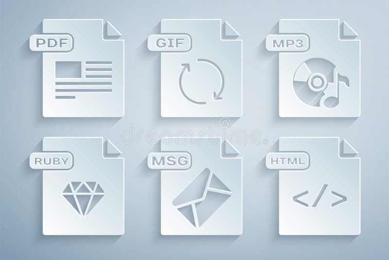 Set MSG File Document, MP3, RUBY, HTML, GIF and PDF Icon. Vector Stock ... Set MSG File Document, MP3, RUBY, HTML, GIF and PDF Icon. Vector Stock ...