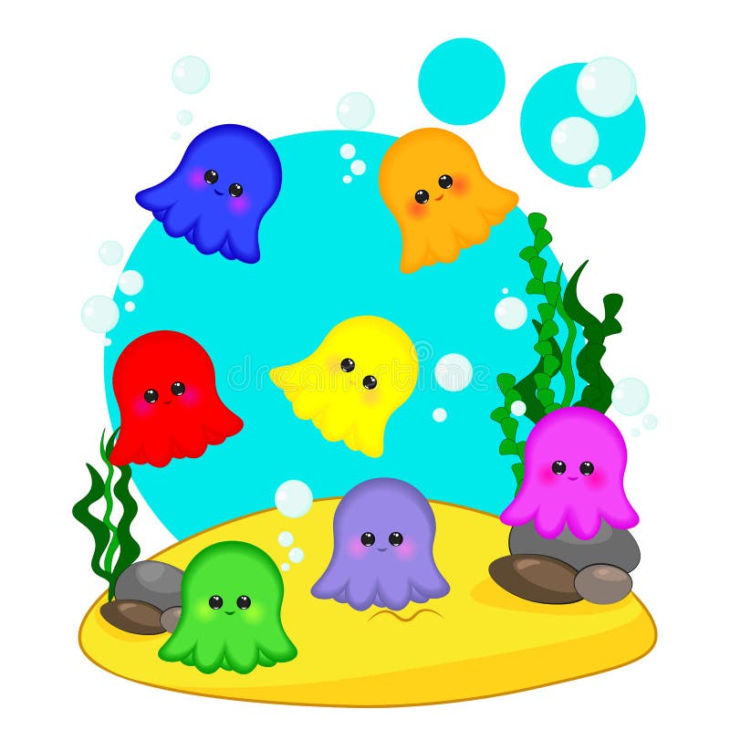Set of Multi-colored Cute Octopuses on the Seabed. Sea Creatures Stock ...