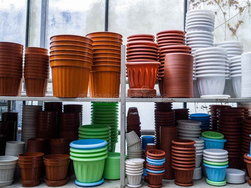Set of Multi-colored Empty Pots for Plants. the Brown Pots Put by a ...