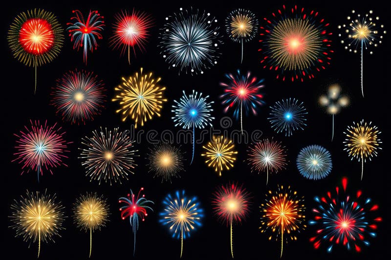 Set of Multi-colored Fireworks on a Black Background. Stock Image ...