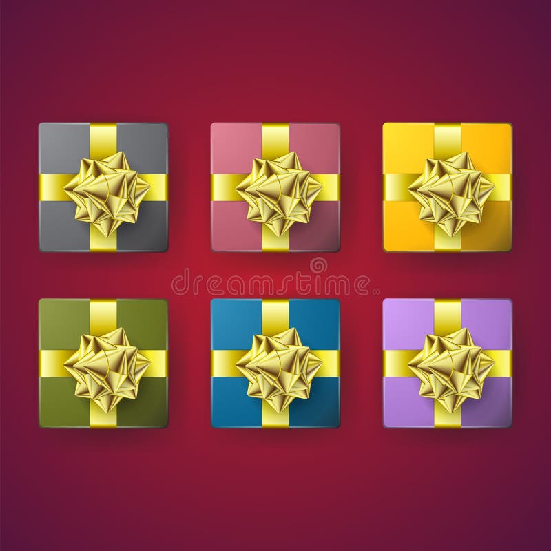 Set of Multi-colored Gift Boxes with a Gold Bow on the Insulated Layer ...