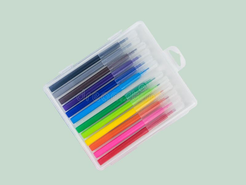 A Set of Multi-colored Markers in a Plastic Box on a Light Background ...