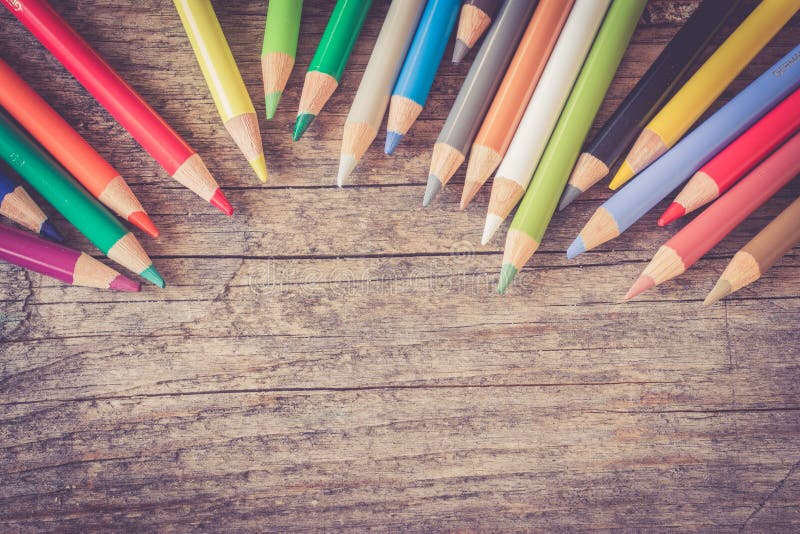 Creativity: Multi-colored Pencils on Rustic Wooden Table Stock Image ...