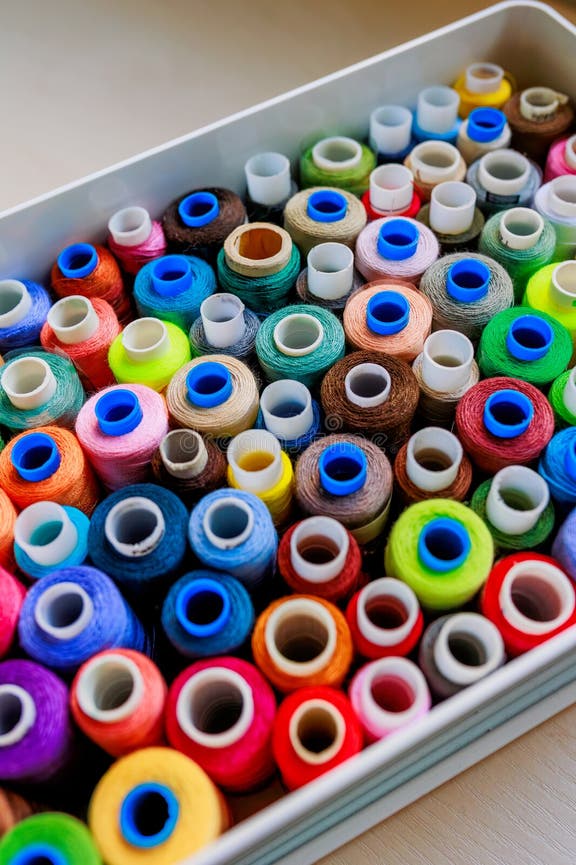 Set of Multi-colored Spools of Sewing Thread in a White Box Close-up ...