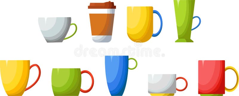 A Set of Multi-colored Tea and Coffee Cups on a White Background. Stock ...