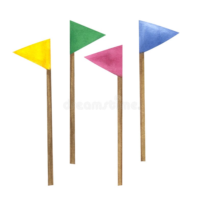 Set of Multi-colored Triangular Flags on a Stick. Hand-drawn Watercolor ...
