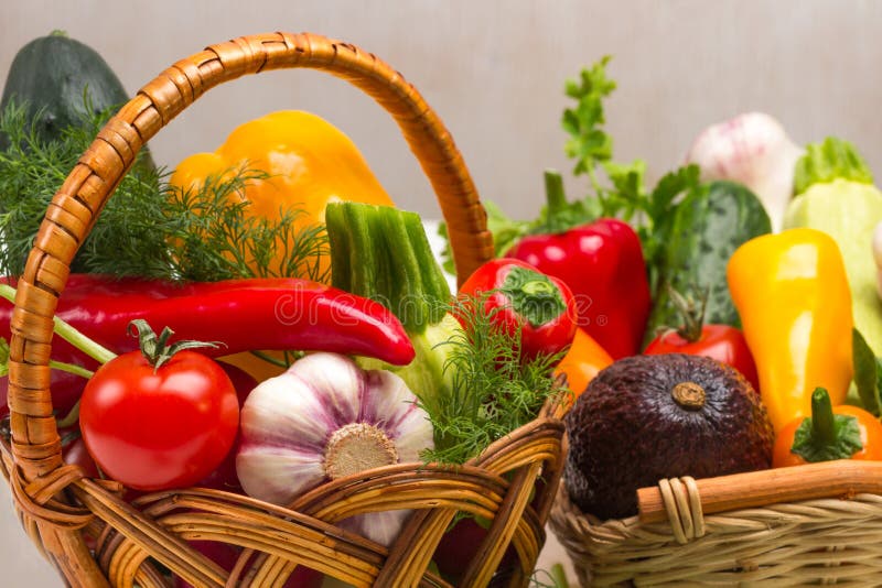 Set of Multi-colored Vegetables in Two Wicker Baskets Stock Photo ...