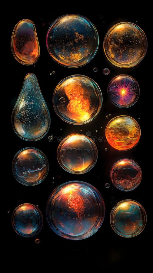 Set of Multicolored Bubbles with Fiery Reflections on Dark Background ...
