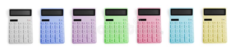 Set of Different Calculators on White Background, Banner Design Stock ...