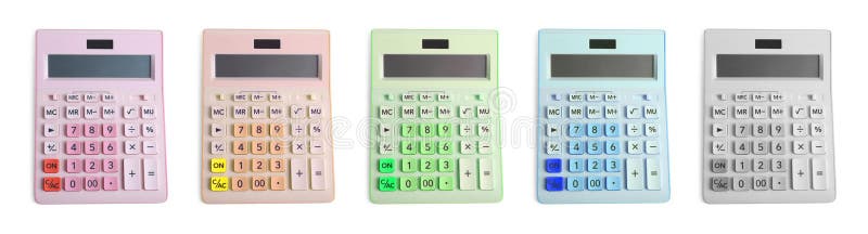 Set with Multicolored Calculators on White Background, Top View. Banner ...
