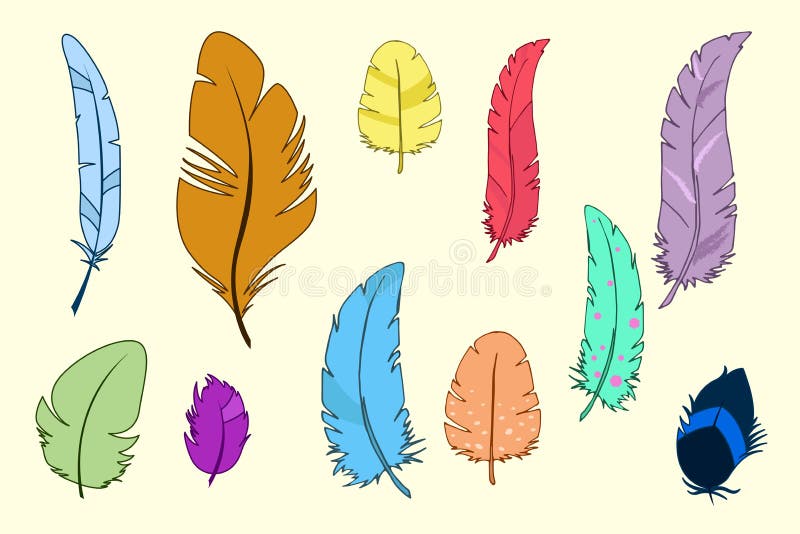Set of Multicolored Cartoon Feathers. Feathers of Tropical Birds. Stock ...