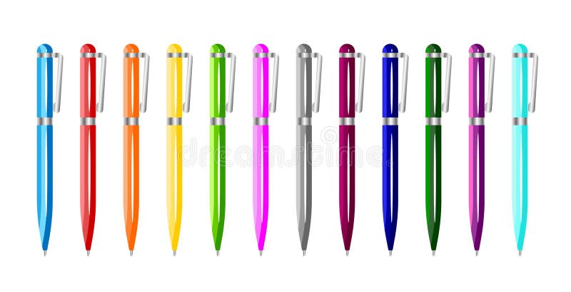 Set Multicolored Flat Pens Isolated on White Background. Collection ...
