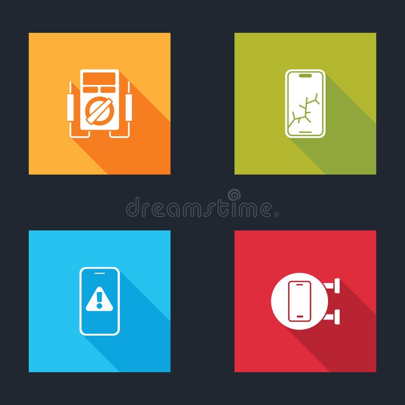 Set Multimeter, Mobile with Broken Screen, Exclamation Mark and Phone ...