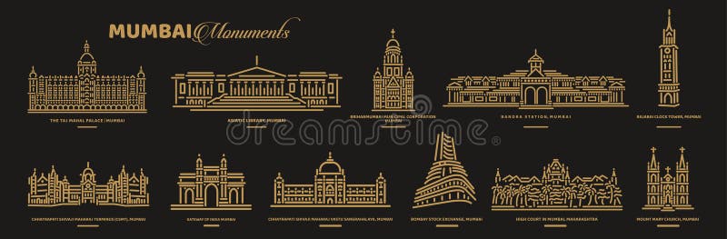 Set of Mumbai Monuments in Golden Lines Vector Icons Stock Vector ...