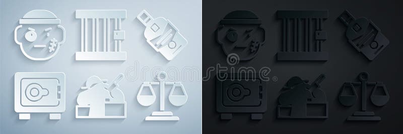 Set Murder, Whiskey Bottle, Safe, Scales of Justice, Prison Window and ... Set Murder, Whiskey Bottle, Safe, Scales of Justice, Prison Window and ...