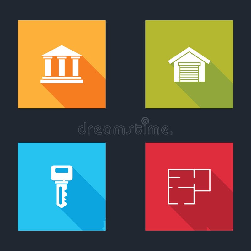 Set Museum Building, Garage, House Key and Plan Icon. Vector Stock ...