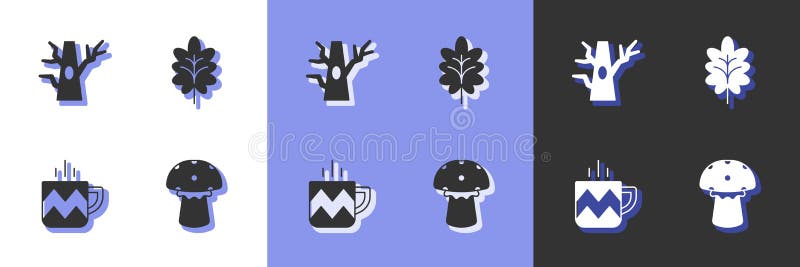 Set Mushroom, Bare Tree, Cup of Tea and Leaf Icon. Vector Stock Vector ...