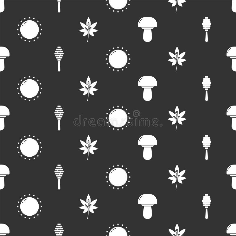 Set Mushroom, Honey Dipper Stick, Sun and Leaf or Leaves on Seamless ...