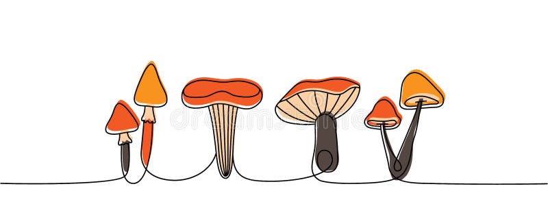 Set of Mushroom One Line Colored Continuous Drawing. Mushroom ...