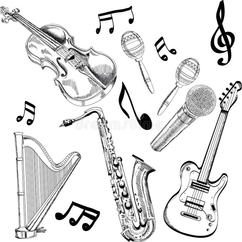 Set of Music Instruments - Hand Drawn in Vector Stock Illustration ... Set of Music Instruments - Hand Drawn in Vector Stock Illustration ...