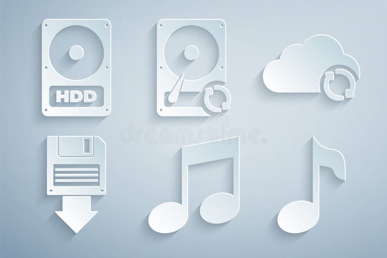 Set Music Note, Tone, Cloud Sync Refresh, Floppy Disk Backup, , Hard Drive HDD and Icon. Vector ...