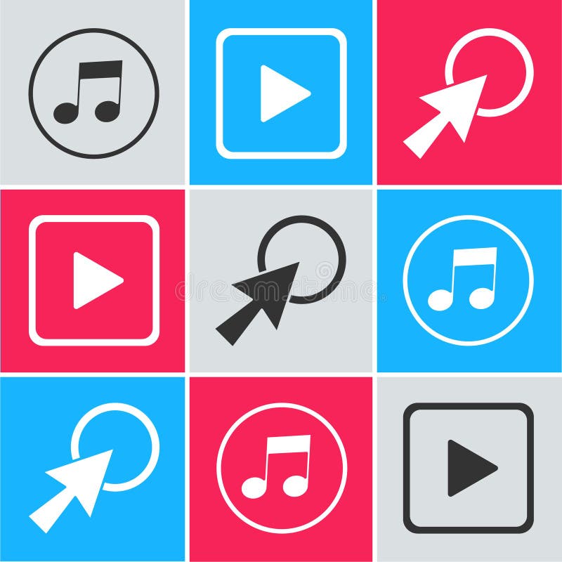 Set Music Note, Tone, Play in Square and Arrow Cursor Icon. Vector ...