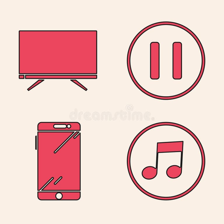 Set Music Note, Tone, Smart Tv, Pause Button and Smartphone, Mobile ...
