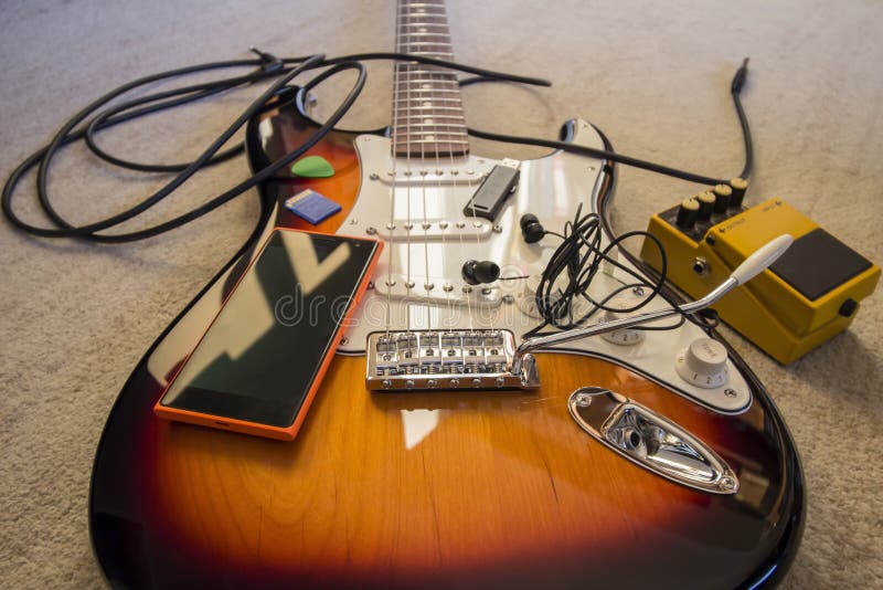 Set of Music Objects on Electric Guitar Stock Photo - Image of ...