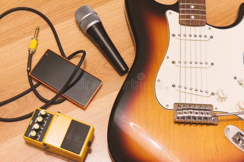 Set of Music Objects with Sunburst Electric Guitar Stock Photo - Image ...