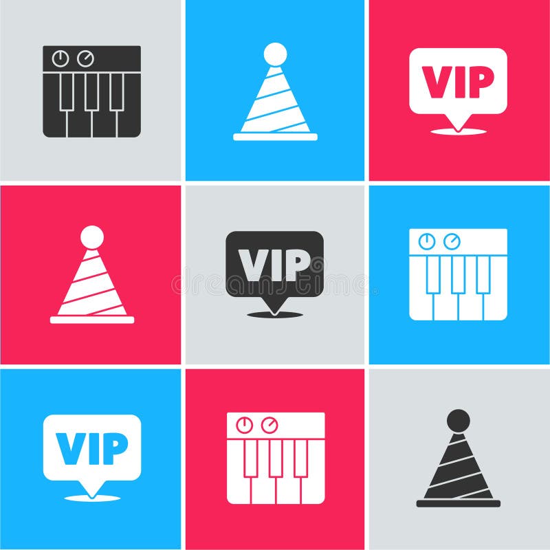 Set Music Synthesizer, Party Hat and Location Vip Icon. Vector Stock ...