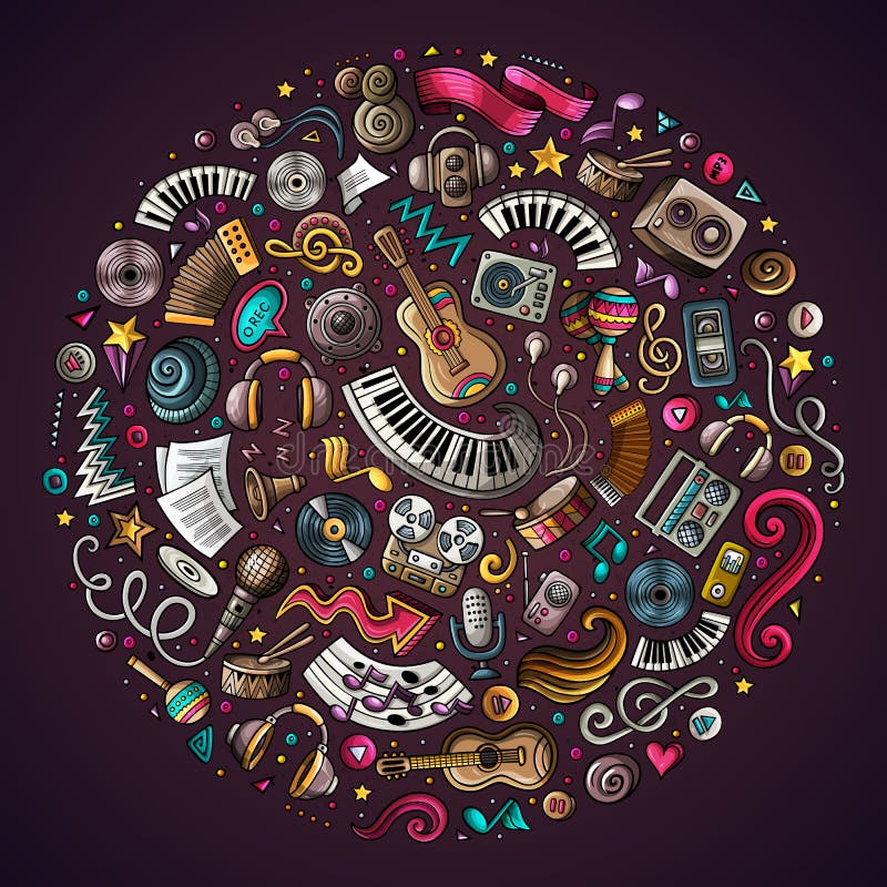 Set of Musical Cartoon Doodle Objects Stock Vector - Illustration of ...